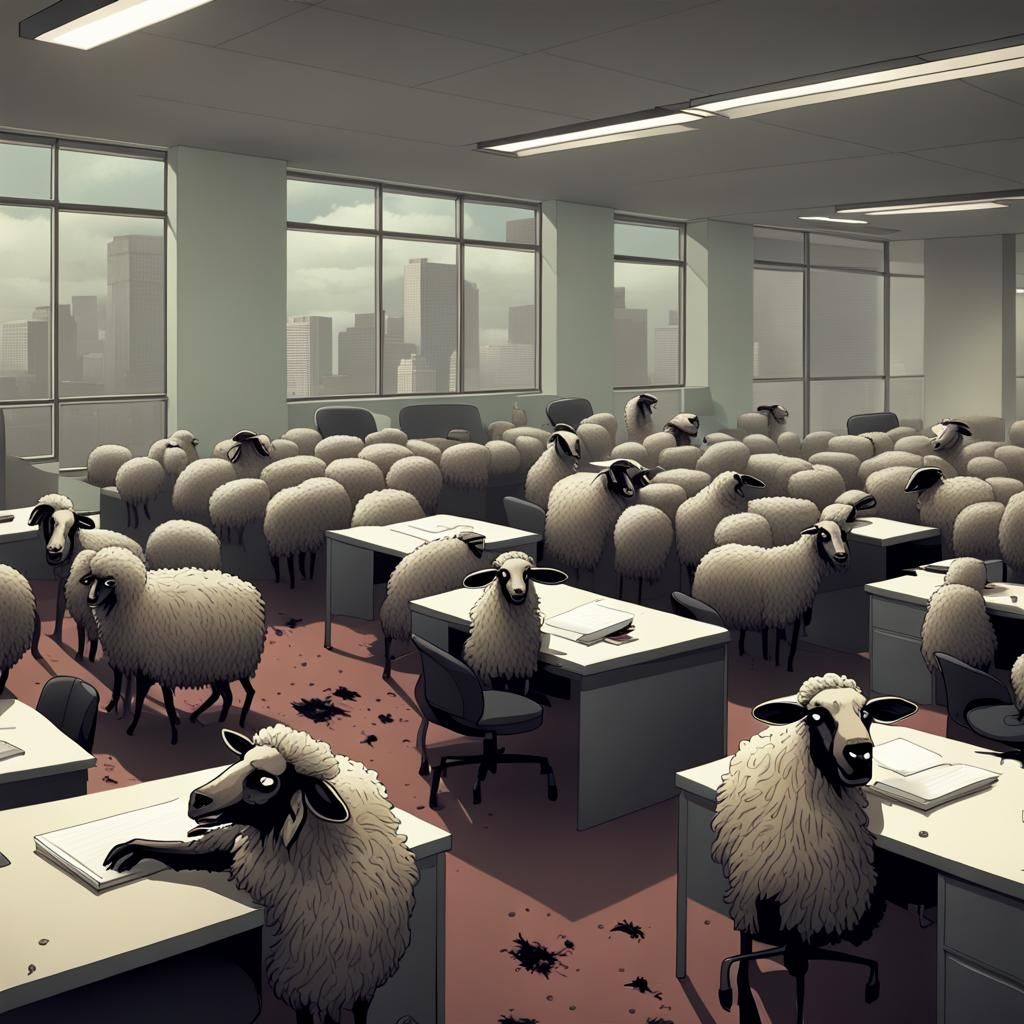 a flock of zombie sheep in an office building with desks and chairs ...