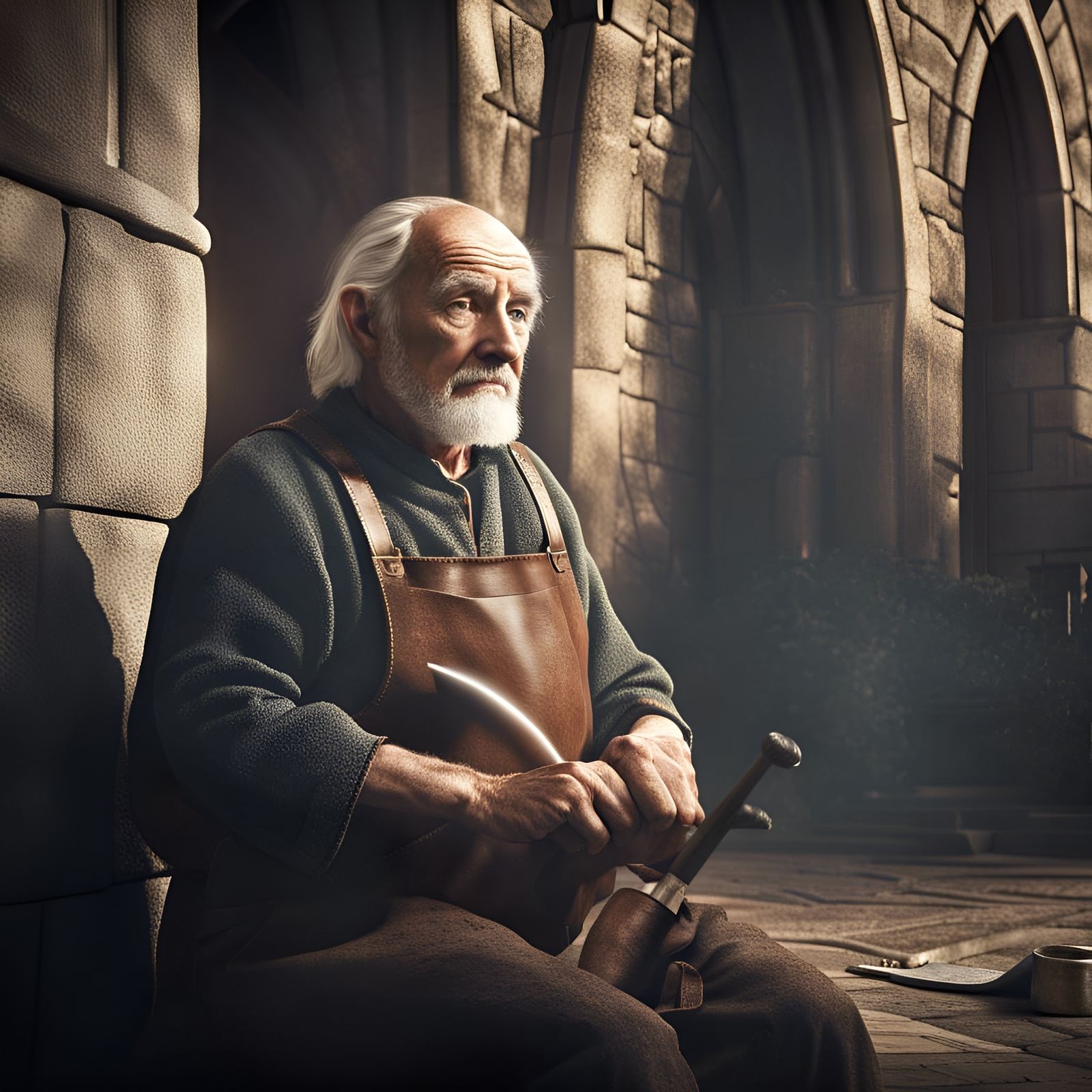 Elderly Medieval stonemason wearing a leather apron and holding a ...