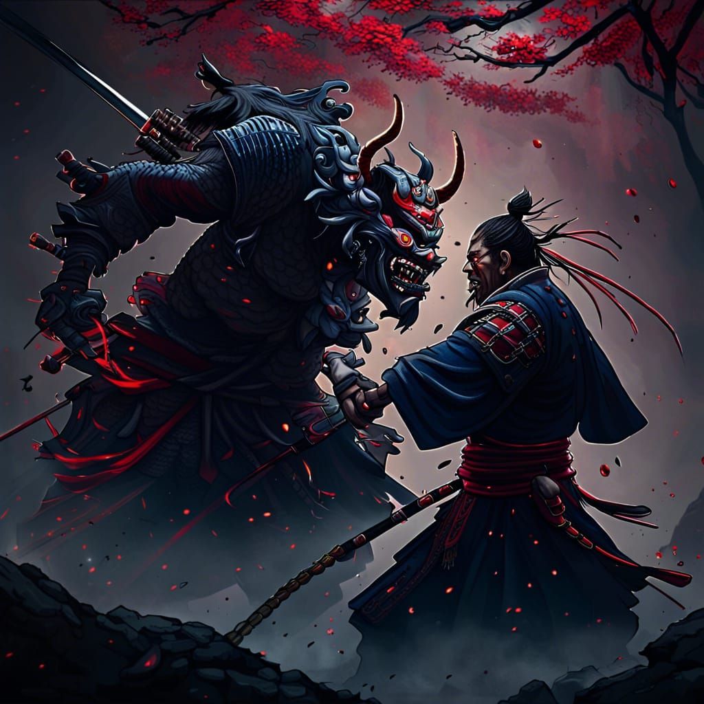 samurai and oni fighting each other to death - AI Generated Artwork ...