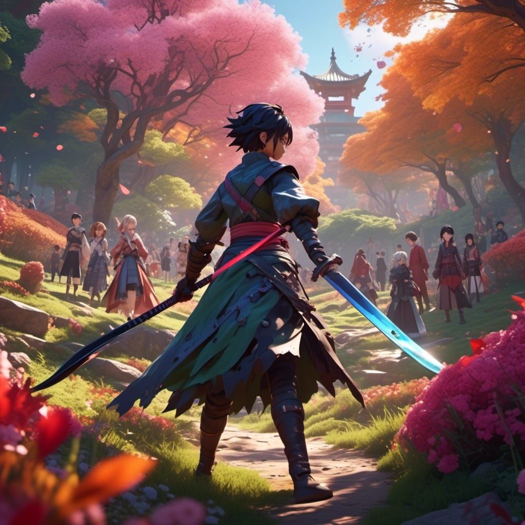 Demon slayer Slashing scene, Wide Shot, Very Colourful, Detailed By ...