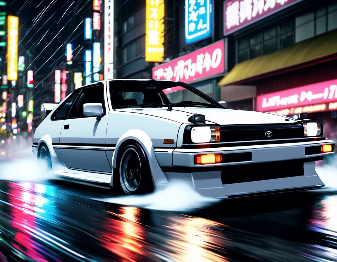 Initial d white Toyota ae86 drifting through a Tokyo street lit by neon ...