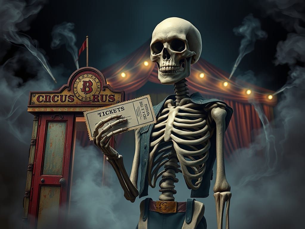 A realistic skeleton holds a circus ticket booth and holds out a paper ...