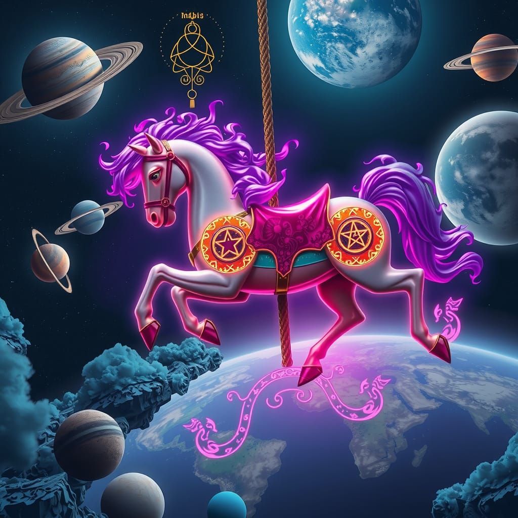 Levitating Carousel Horse with Flaming Mane in Cos... - AI Art