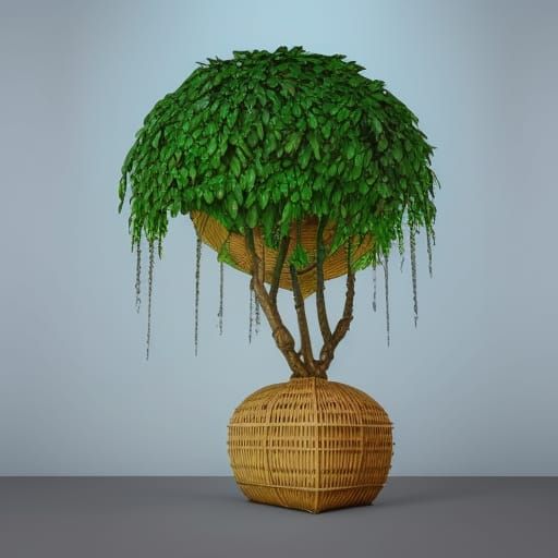 Large rattan basket with ficus tree ; A breathtaking borderland ...