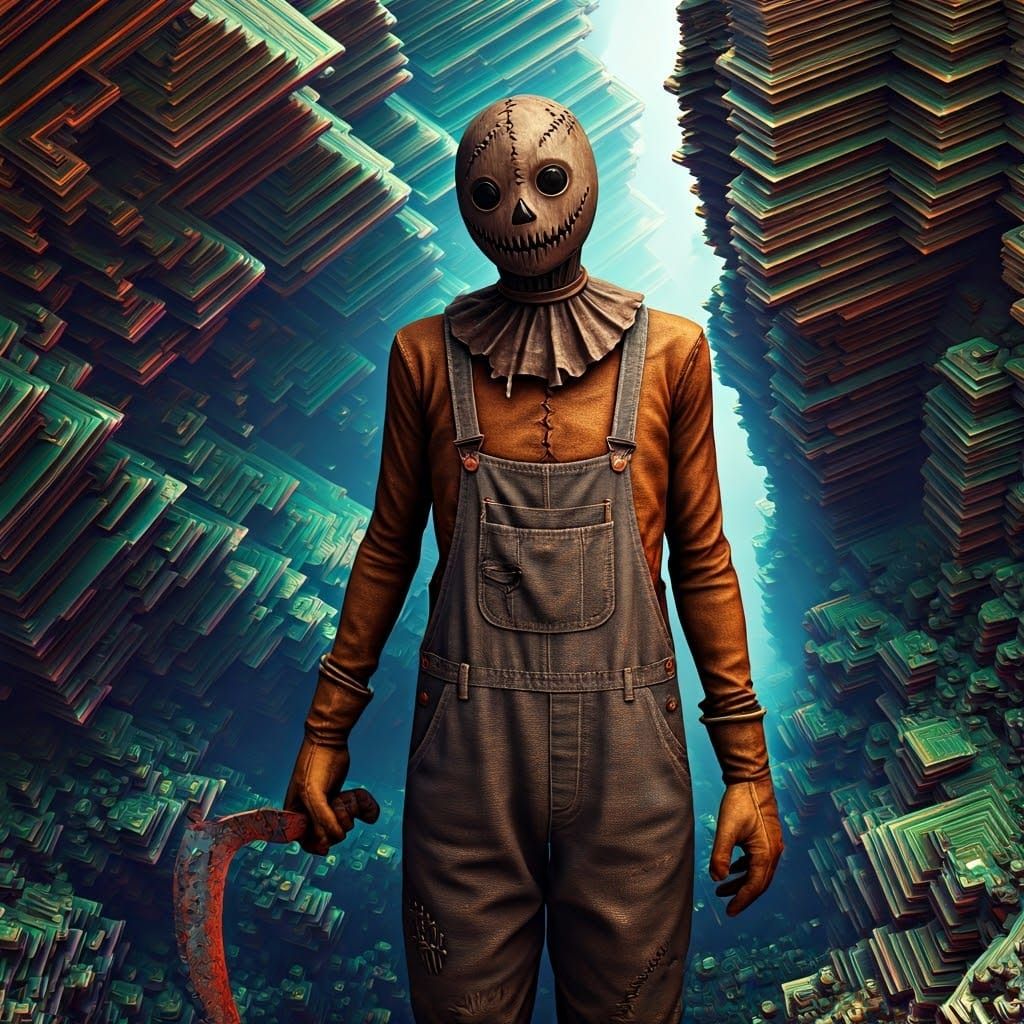 whimsical scarecrow hybrid creature with stitched leather skin, dressed in a worn dungaree ...