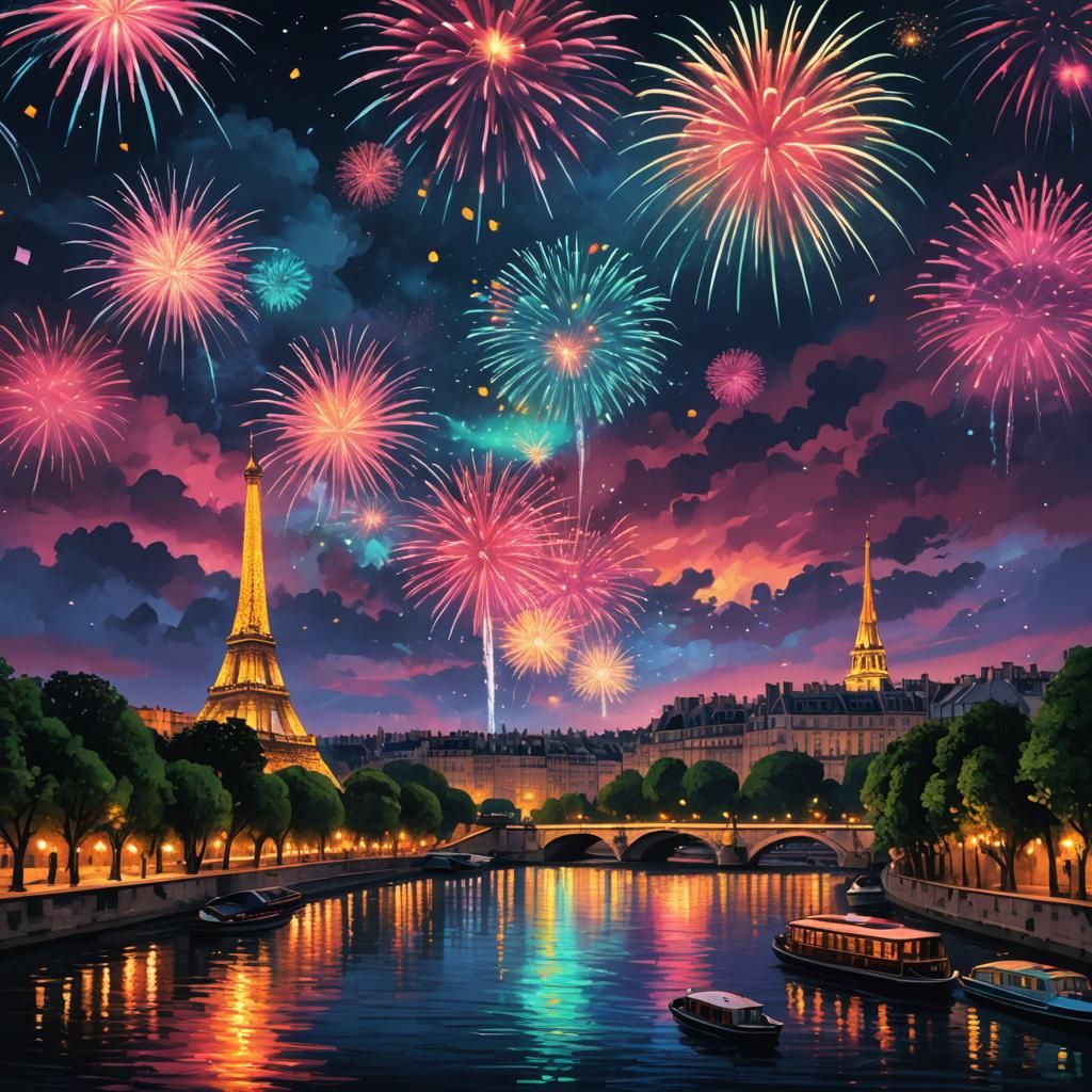 firework above the Seine in Paris Dan Mumford cubism impasto 3Delight ...