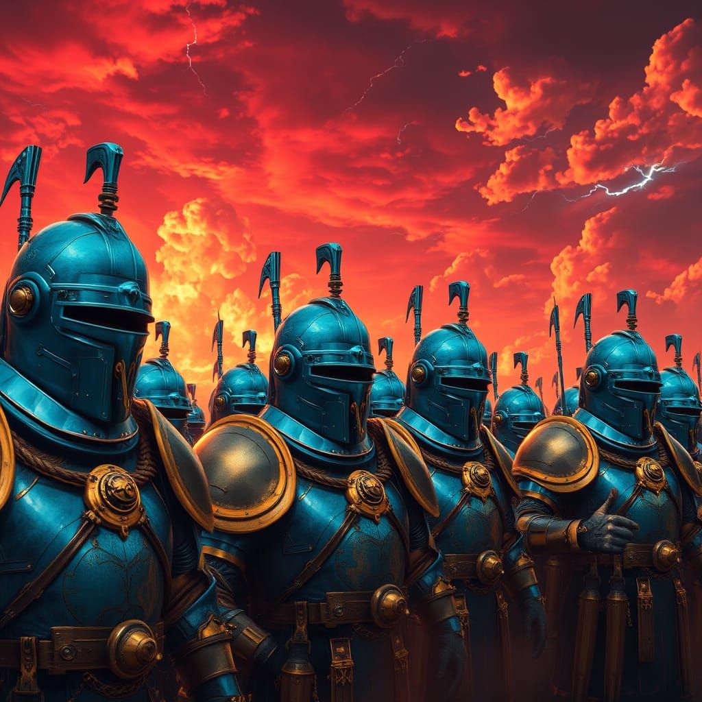 Steampunk Legion in Azure Armor, amidst a Turbulen... - AI Art