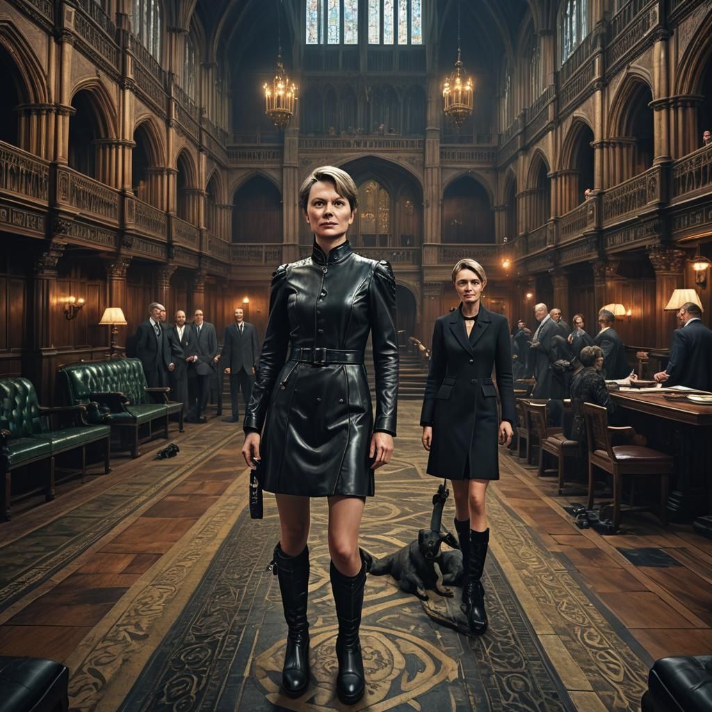 Yvette Cooper is dressed in a short black leather mini dress and black ...