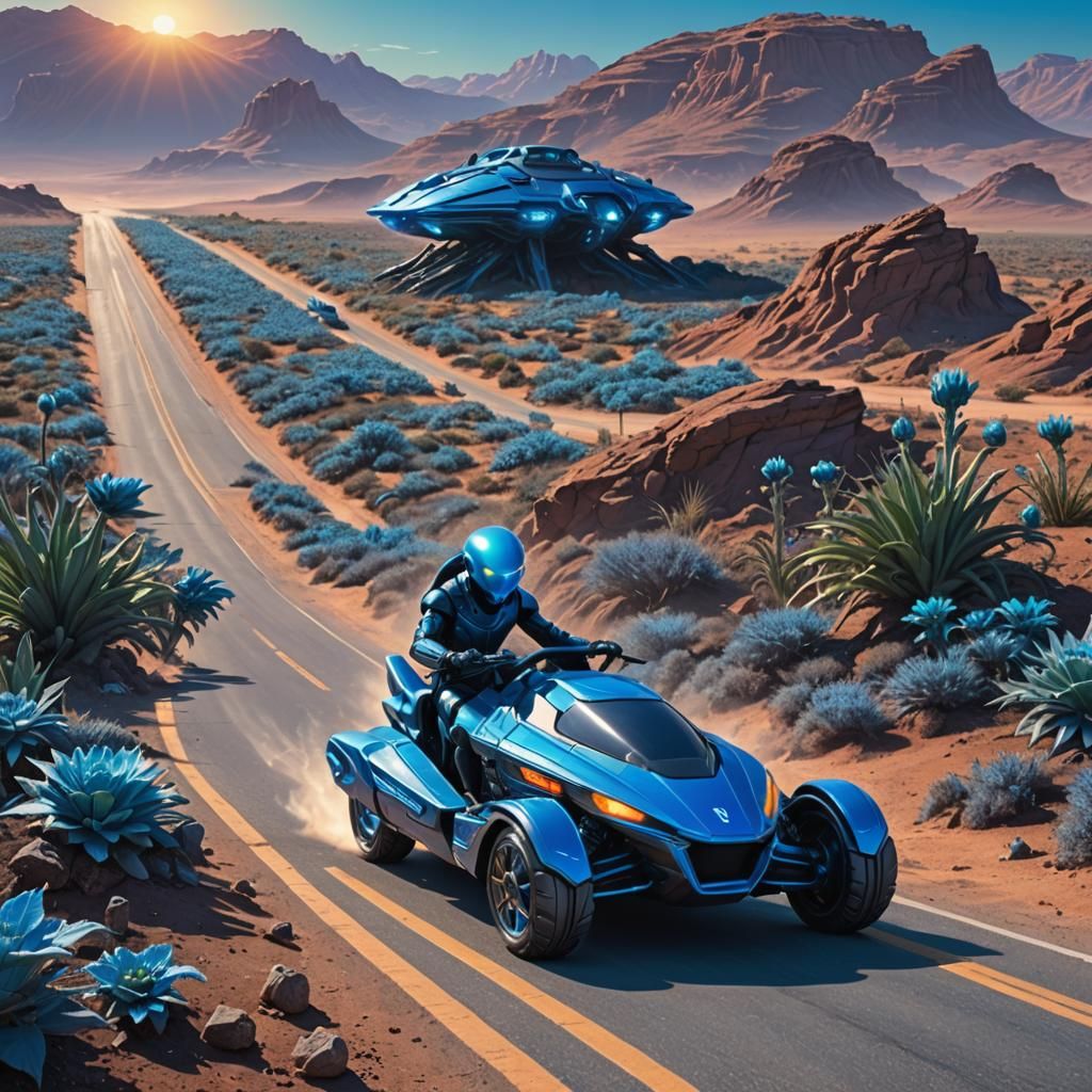 Electric blue alien driving an electric blue futuristic alien hover ...