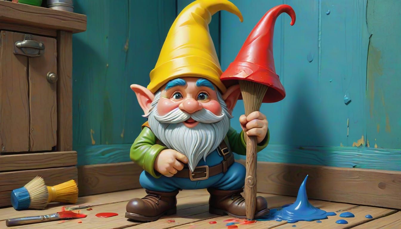 a middle aged gnome engaged in a humorous painting mishap