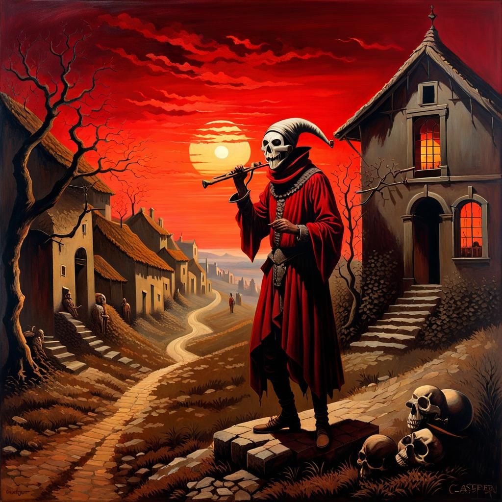 Ominous, Full body male figure, sinister jester, playing a flute, skull ...