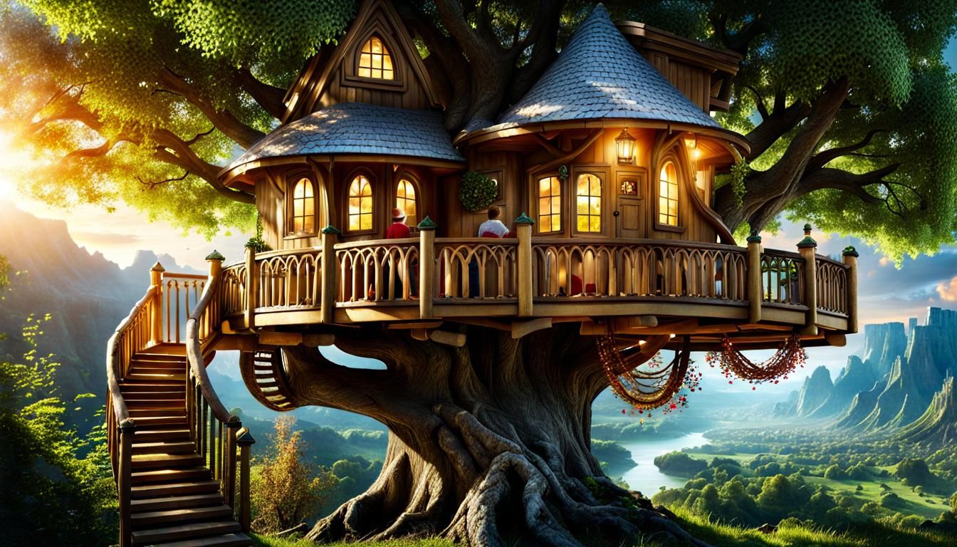 An elegant treehouse for elves in a mystical forest, three floors in ...