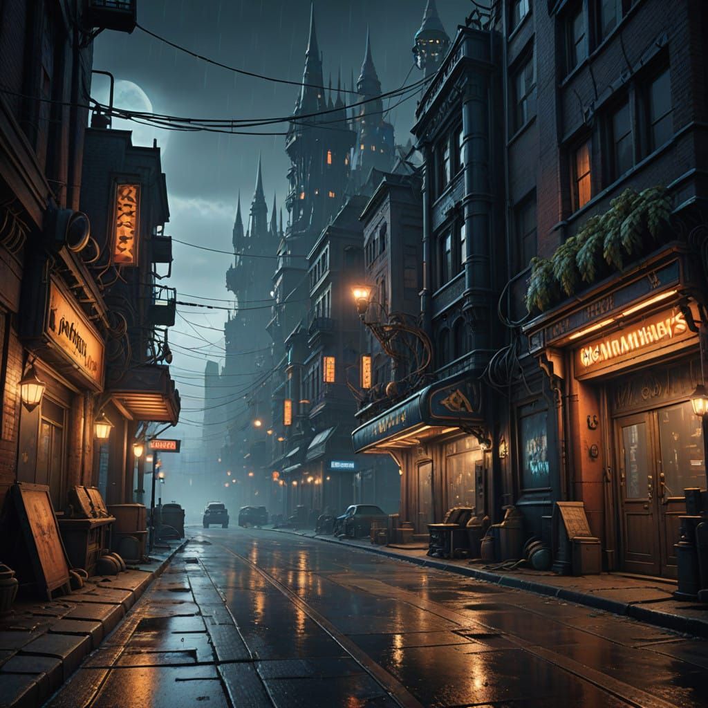 Midnight Gothic Metropolis in Dark, Ominous Storm - AI Art