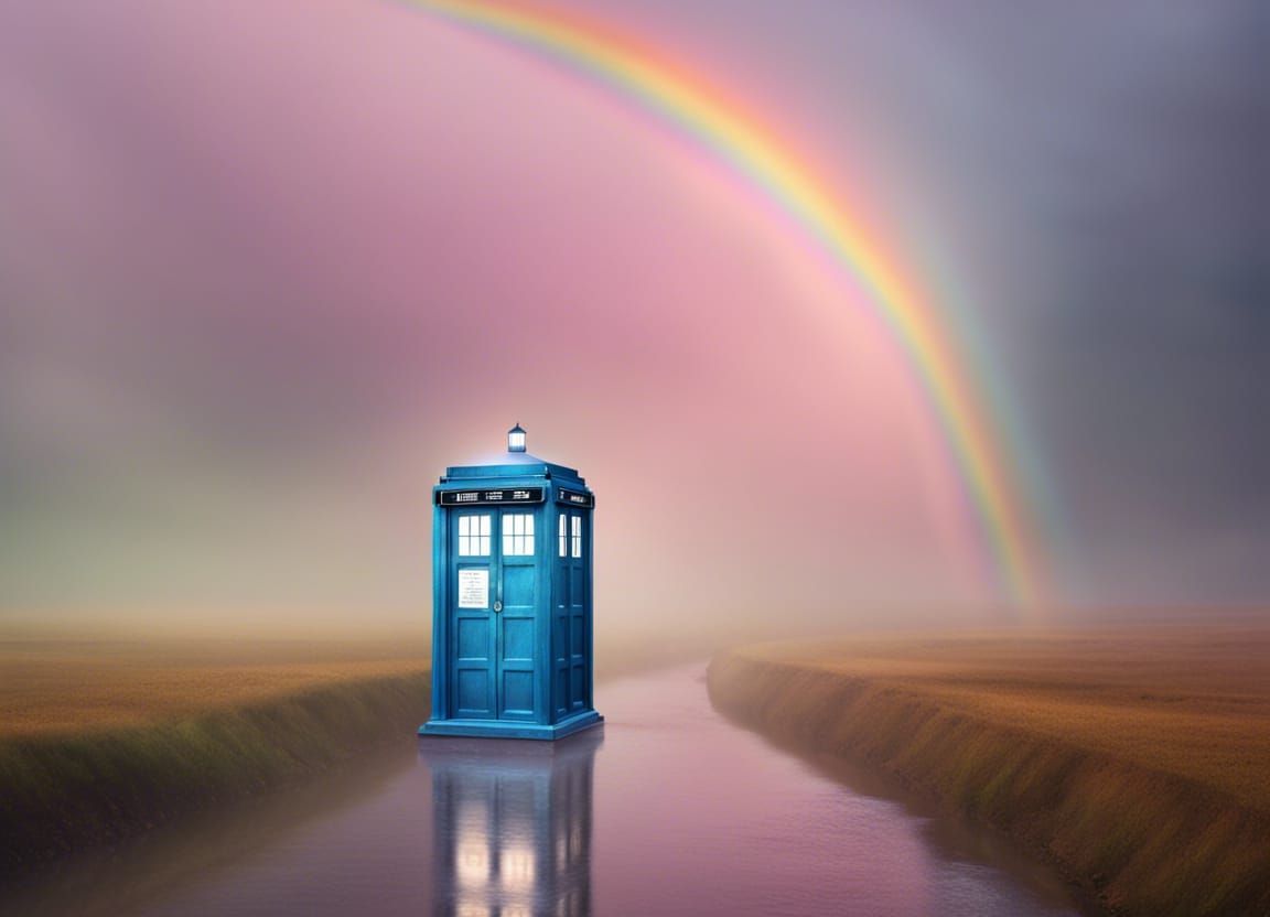 Tardis by a misty pastel rainbow - AI Generated Artwork - NightCafe Creator