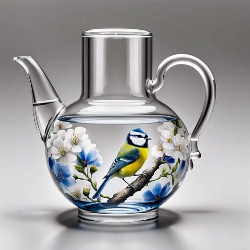 an empty colourless glass kettle with a reverse glass painting of a ...