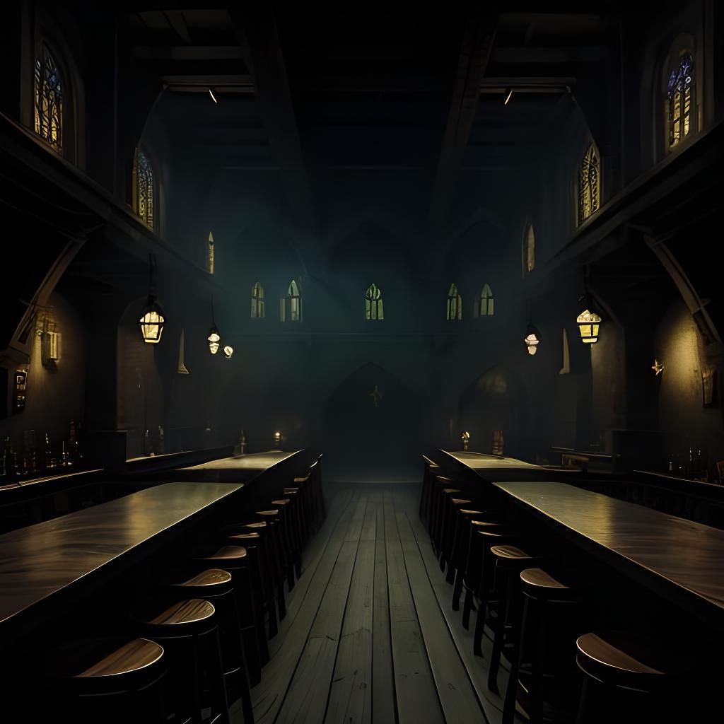 A taproom in a dnd setting during the night with several open windows ...