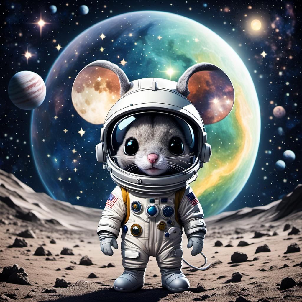 Photograph, Chibi Mouse in space helmet and suit on the moon surface ...