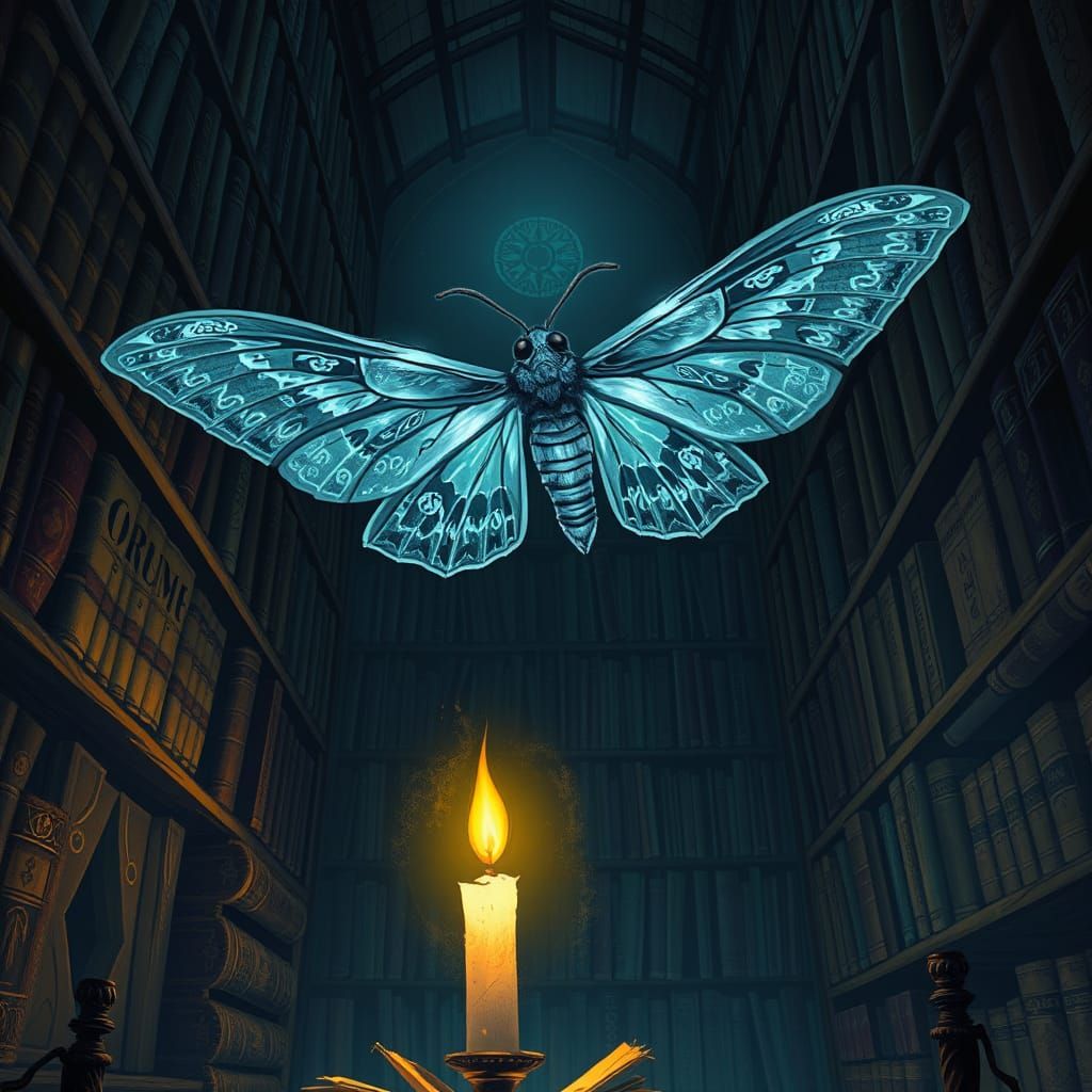 Spectral Moth in Haunted Library, Dark Fantasy Ill... - AI Art
