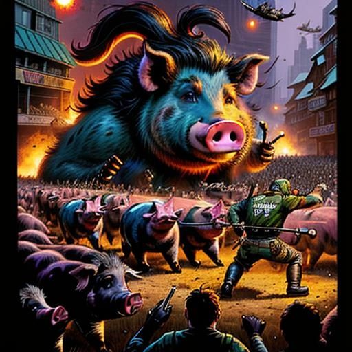 Greedy anthropomorphic grubby herd of pigs fighting en masse Mark ...