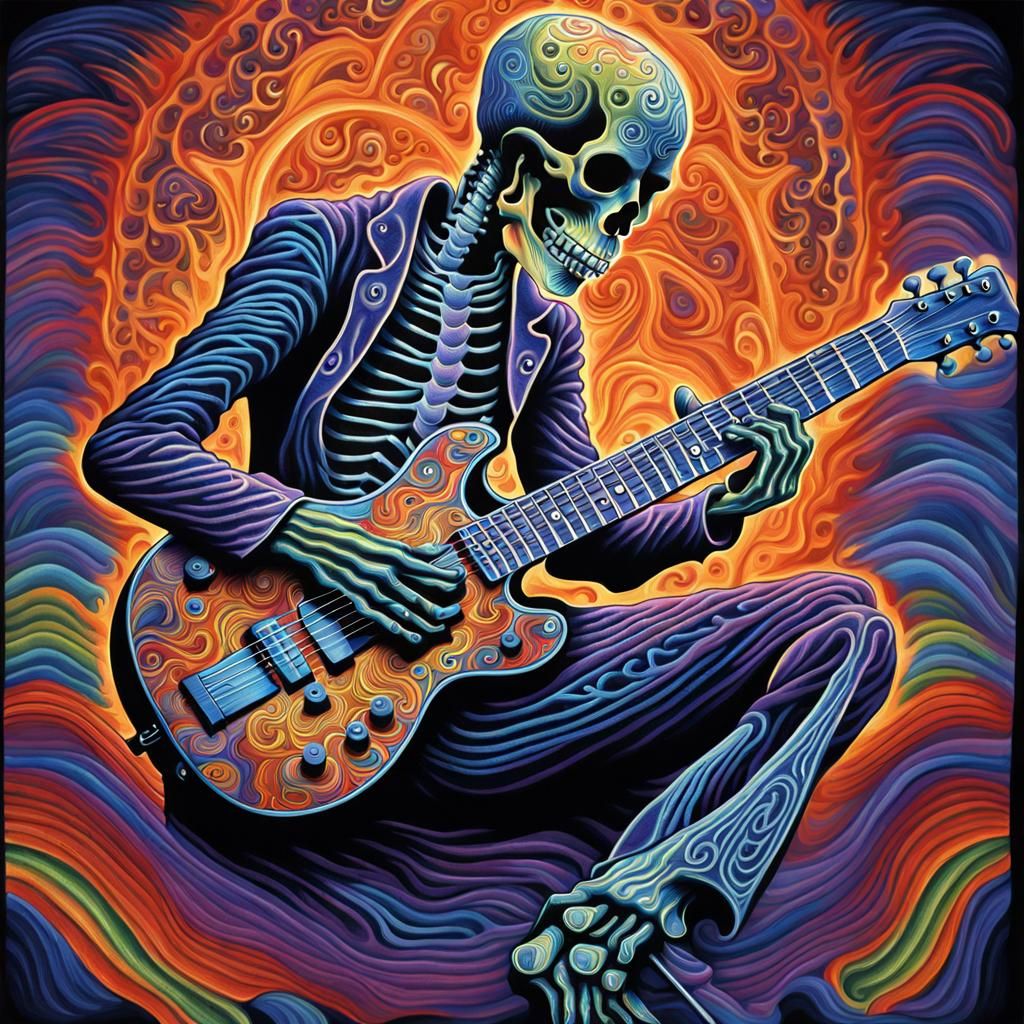 psychedelic colorful silhouette skeleton guitarist by Alex Grey ultra ...