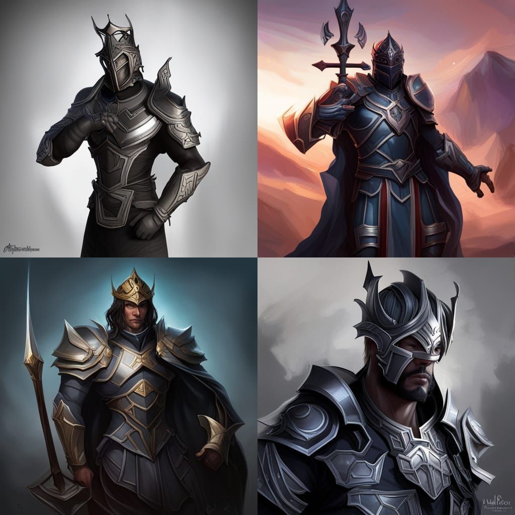 black Knight wearing crown, black face cover, muscle cuirass armor ...