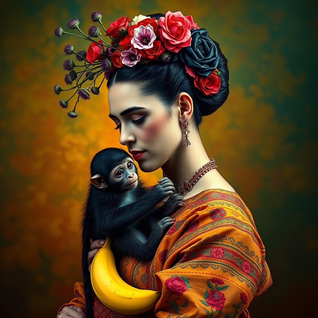 Frida Kahlo in Whimsical Floral Fantasy - AI Art
