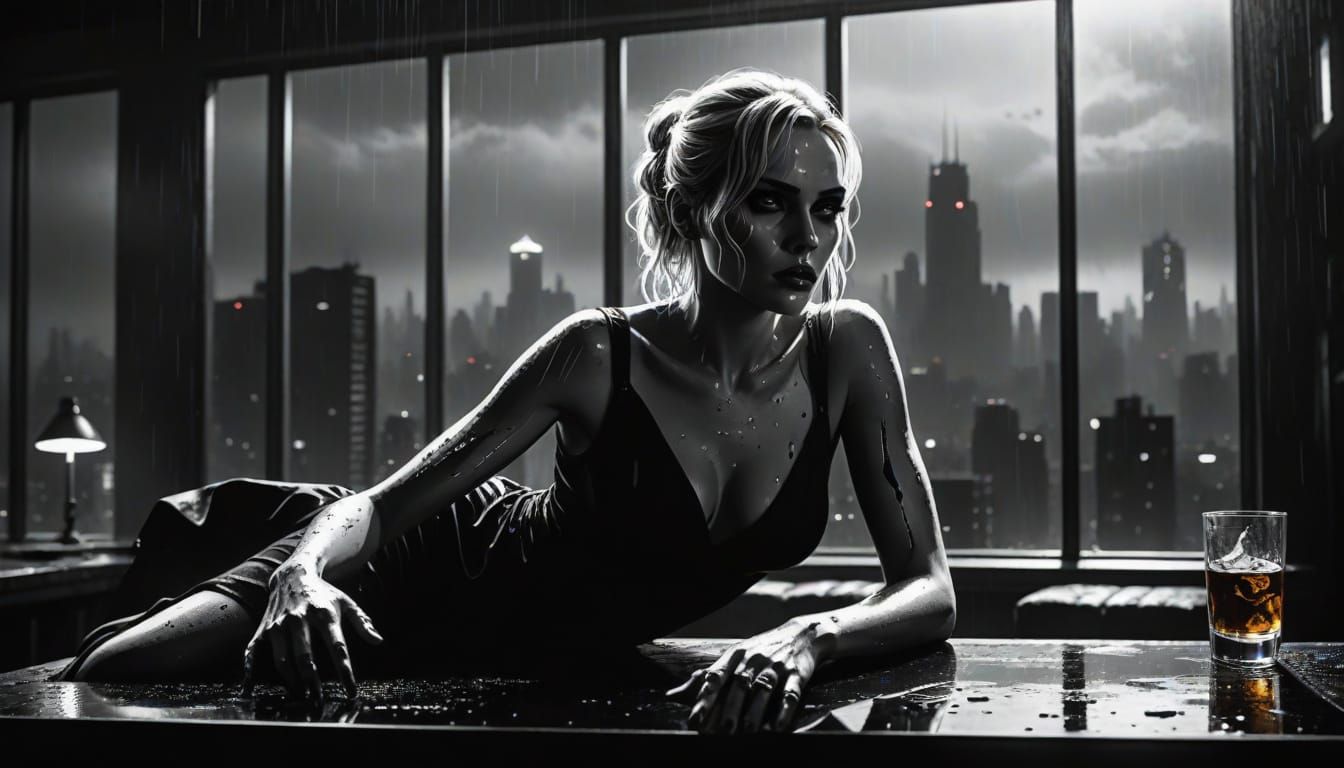 Gritty Noir Femme Fatale in Rain-Soaked Penthouse - AI Art