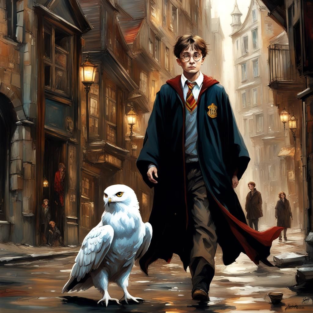 Harry Potter with Hedwig in the Daigon Alley - AI Generated Artwork ...