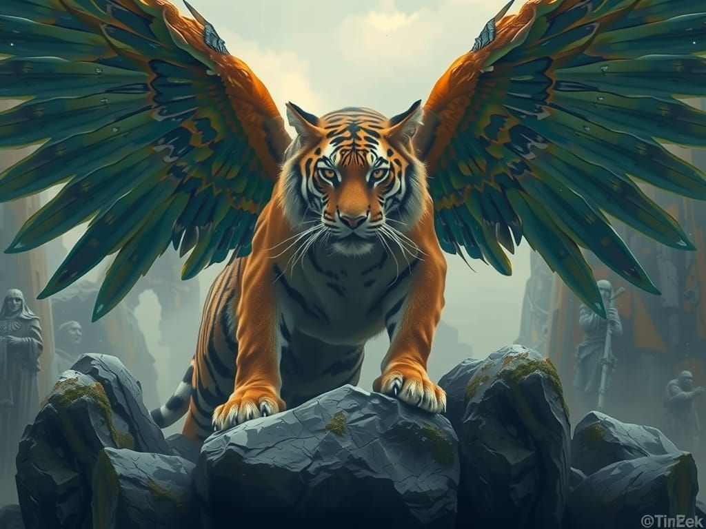 Winged Tiger - Cyberpunk Tiger Soars Amidst Ancient Ruins