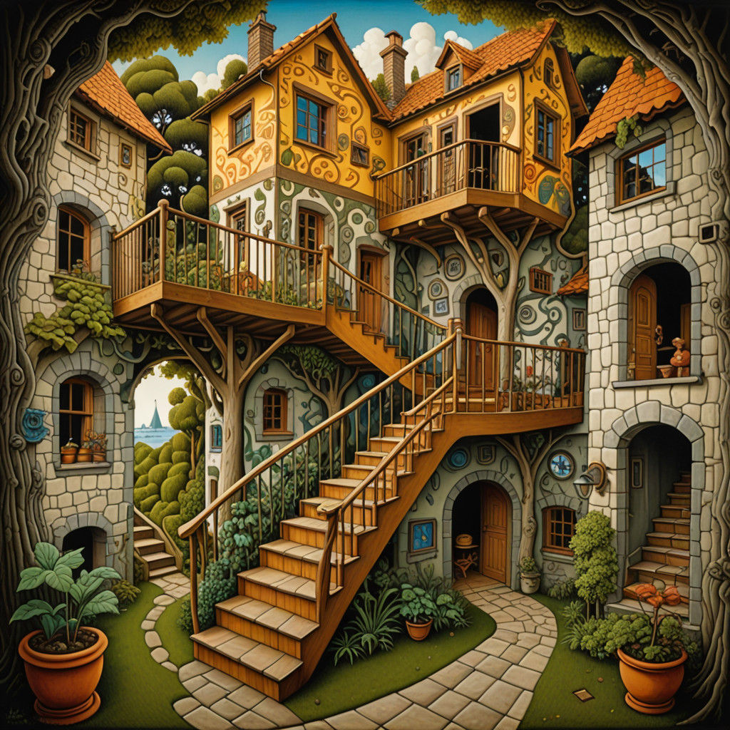 Surreal Backyard Wonderland in Mixed Media Style - AI Art