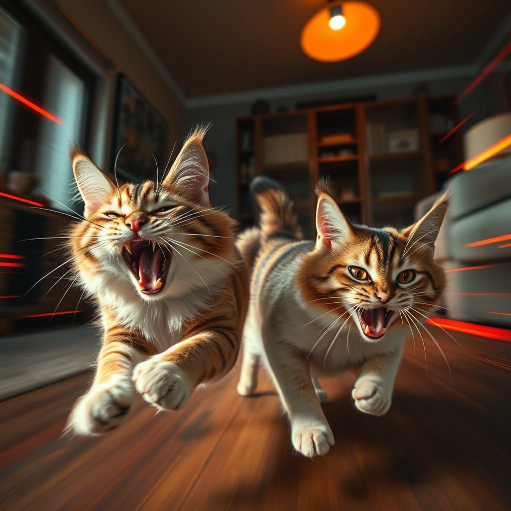 Cats having a running competition at night