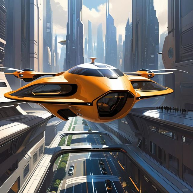 FUTURISTIC FLYING taxi, moody cityscape, perspective drawing, EPIC ...