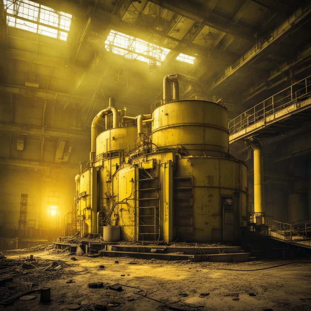 Old forgotten broken down nuclear reactor from the 50s, eerie glow of ...