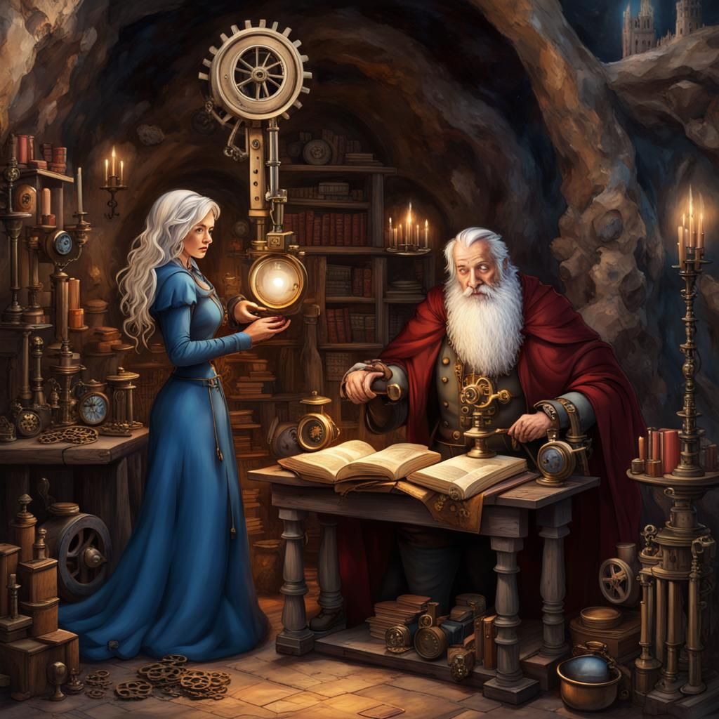 Steampunk Camelot. Merlin the Seer and Morgan Le Fay at the Clockwork Prophecy Engine. - AI ...