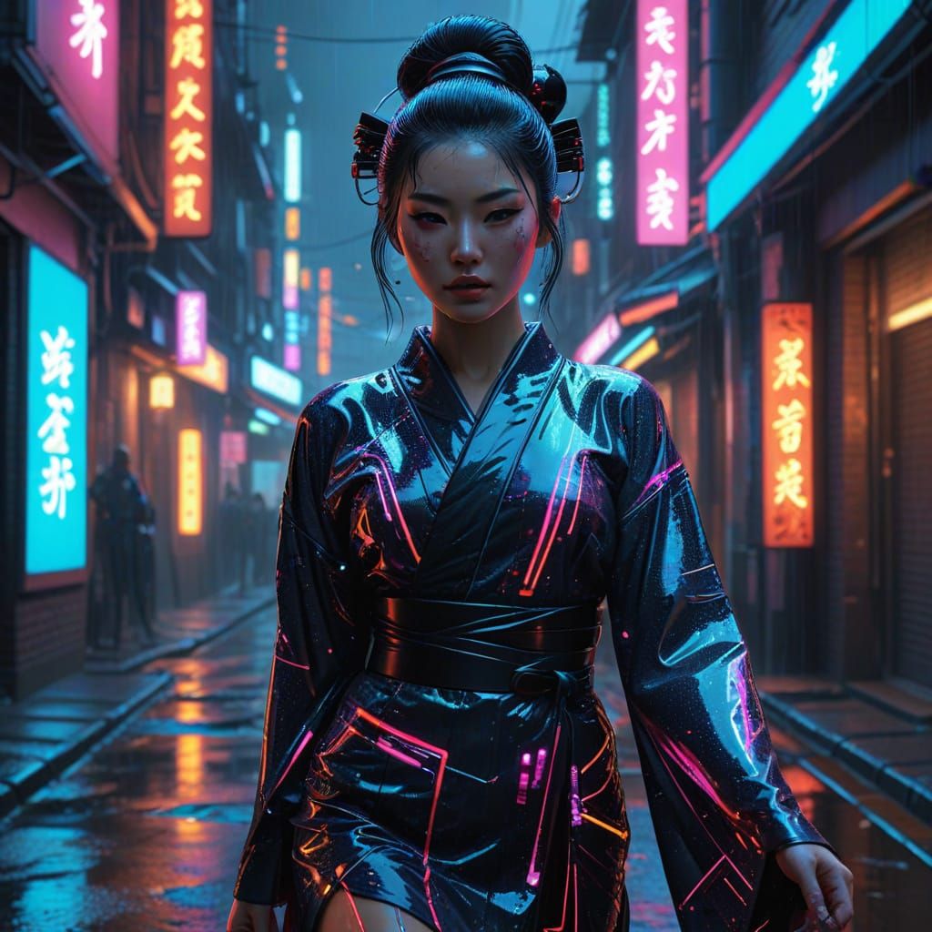 Digital Geisha - Android Geisha Dances in Neon Alleyway