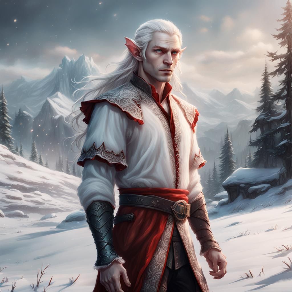 young albino handsome elf with long hair wearing ruffled red satin ...