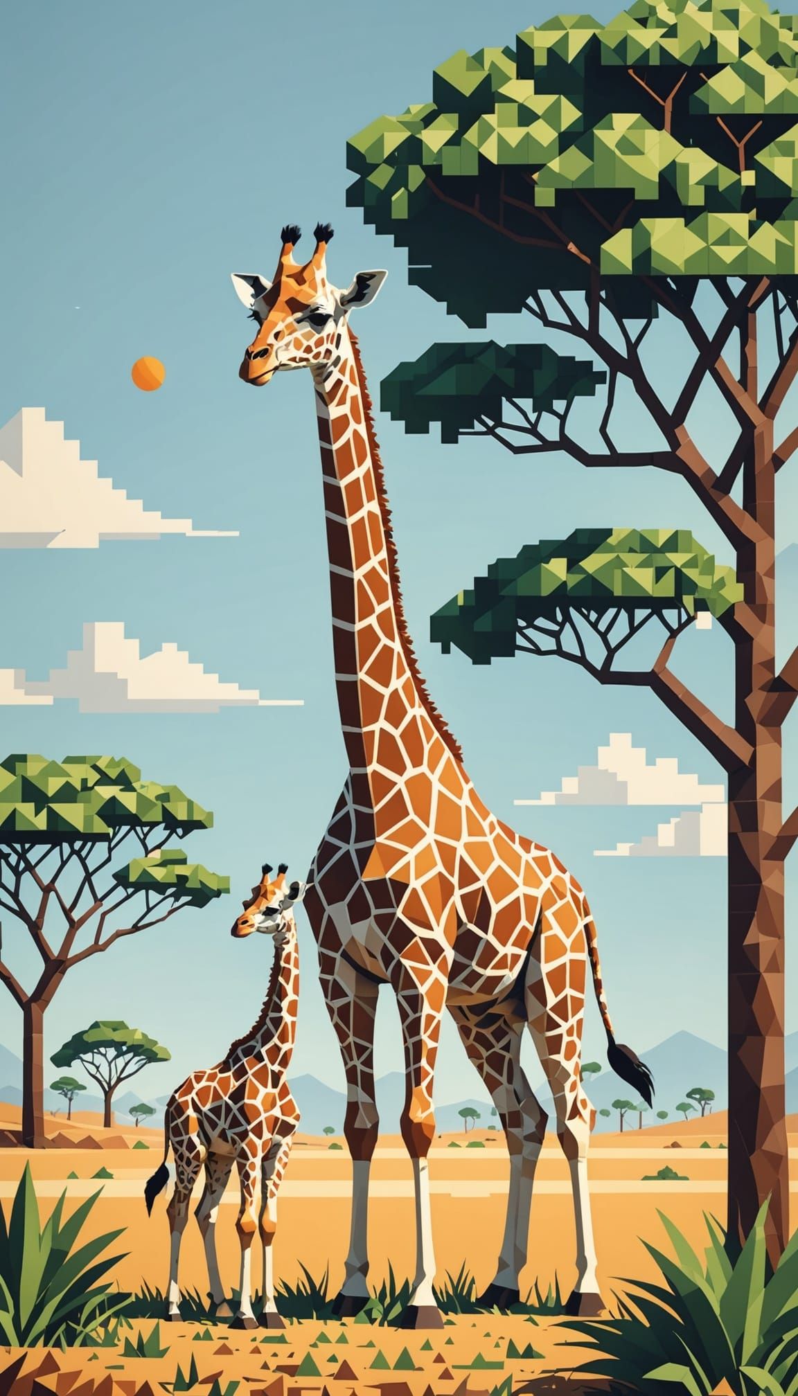 Geometric Giraffe Family in Pixel Art World - AI Art
