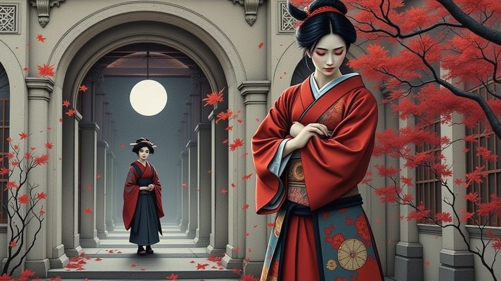 Ancient Japan Samurai and Geisha Encounter - AI Art