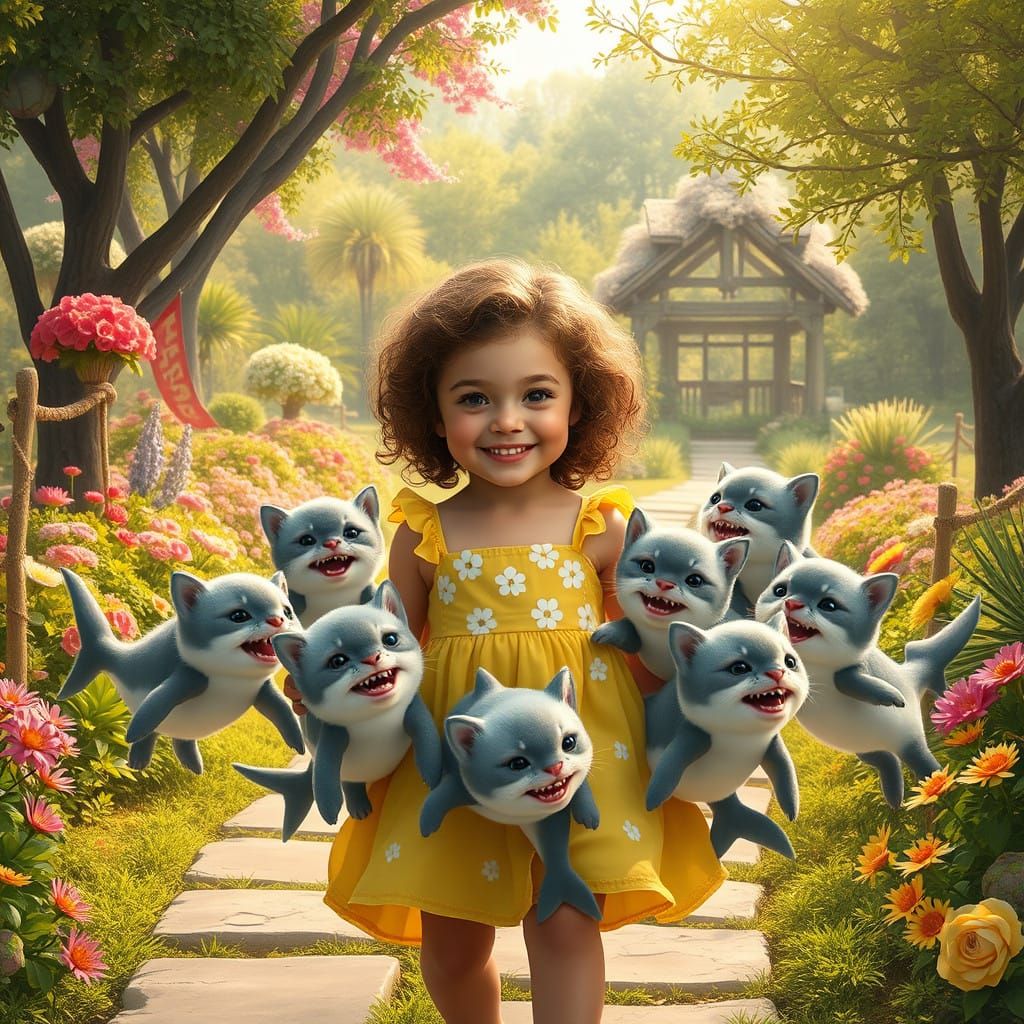 Shark Cats - Whimsical Kitten-Shark Hybrids in a Vibrant Gar...