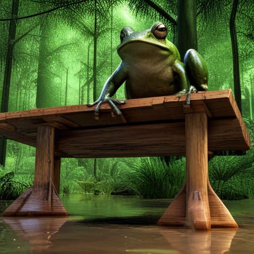 beautiful magnificent detailed wooden billboard ,big shiny glossy frog ...