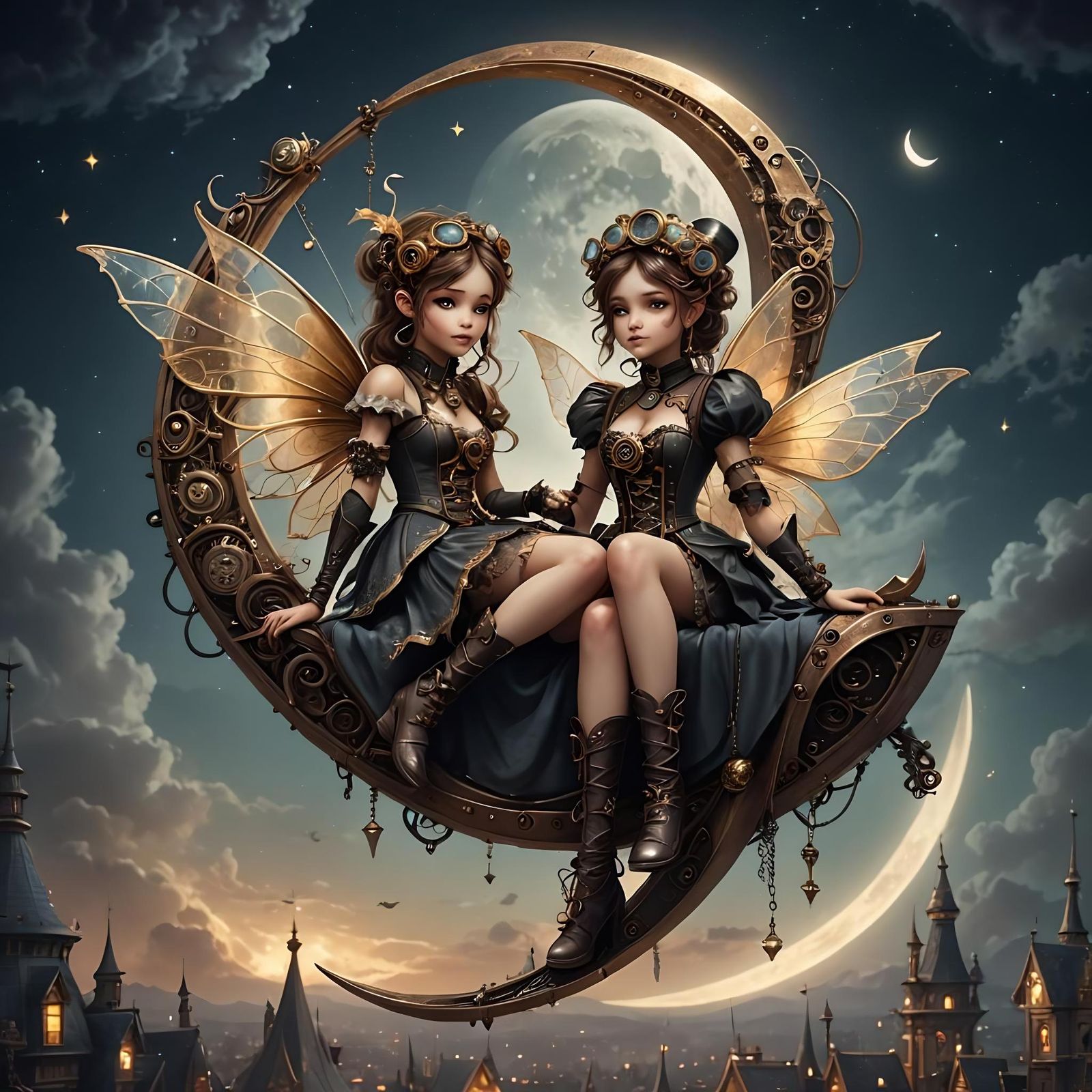 Steampunk fairy sisters travelling through the night - AI Generated Artwork - NightCafe Creator