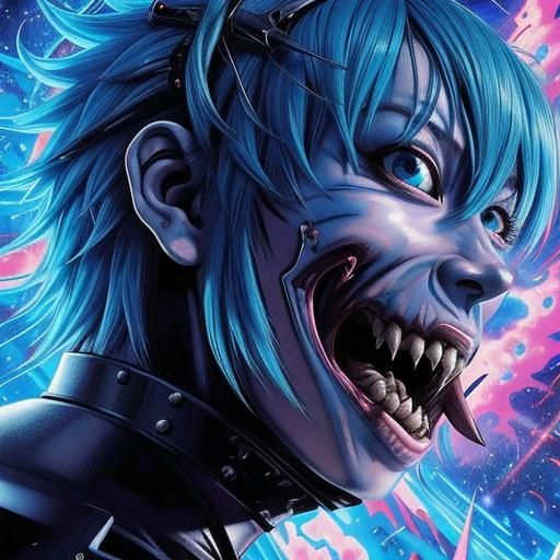 Close up of a person with blue hair and monstrous face, cyberpunk art ...