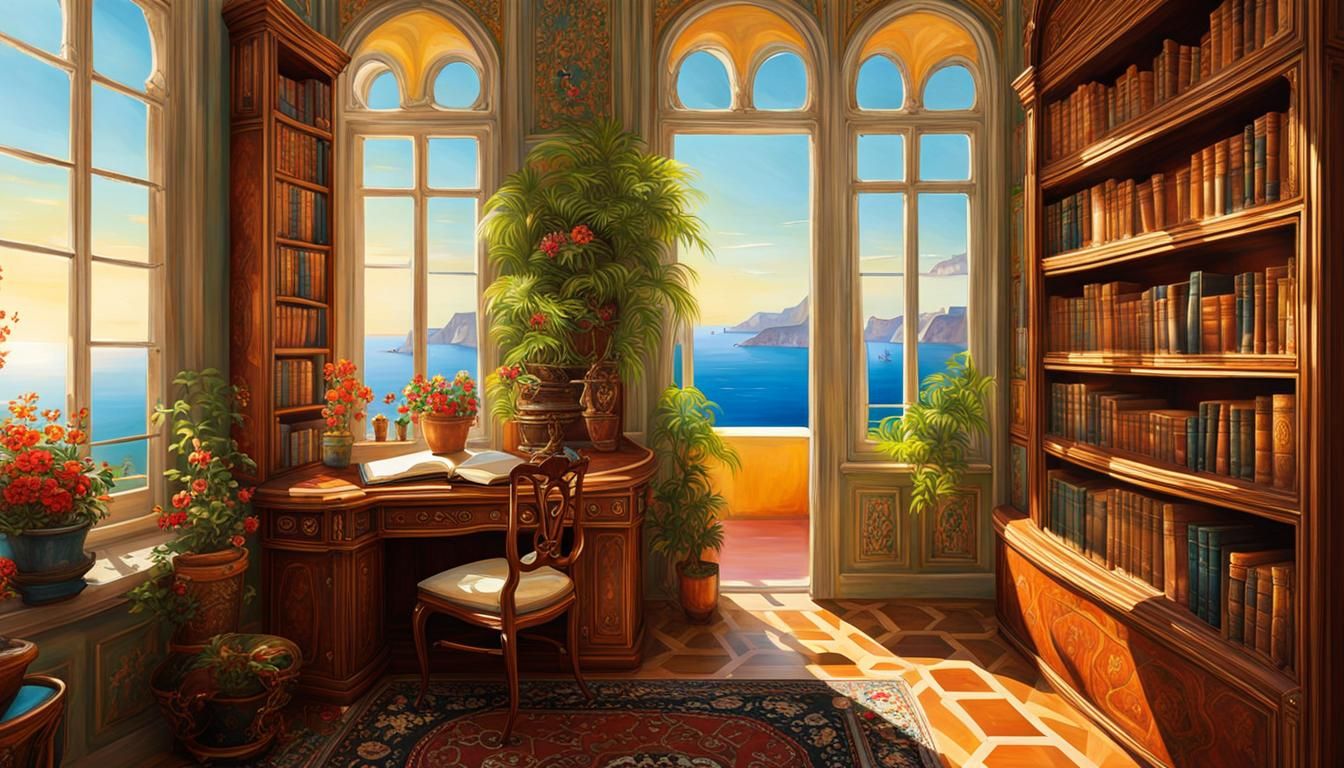 Abstract study room with a detailed study desk and intricate lavish ...