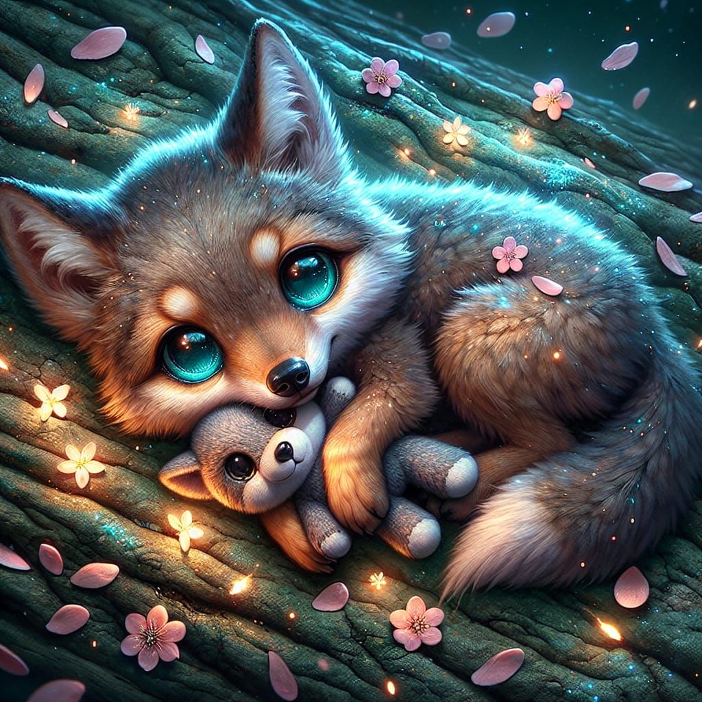A hyper-realistic digital artwork of an adorable cute coyote lying on ...