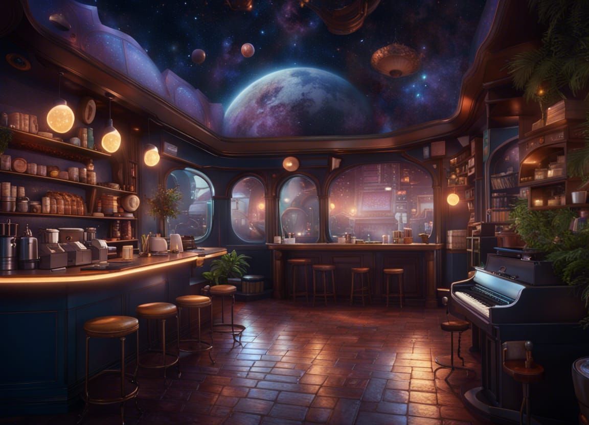 Jazzy coffee shop in space detailed matte painting, deep color ...