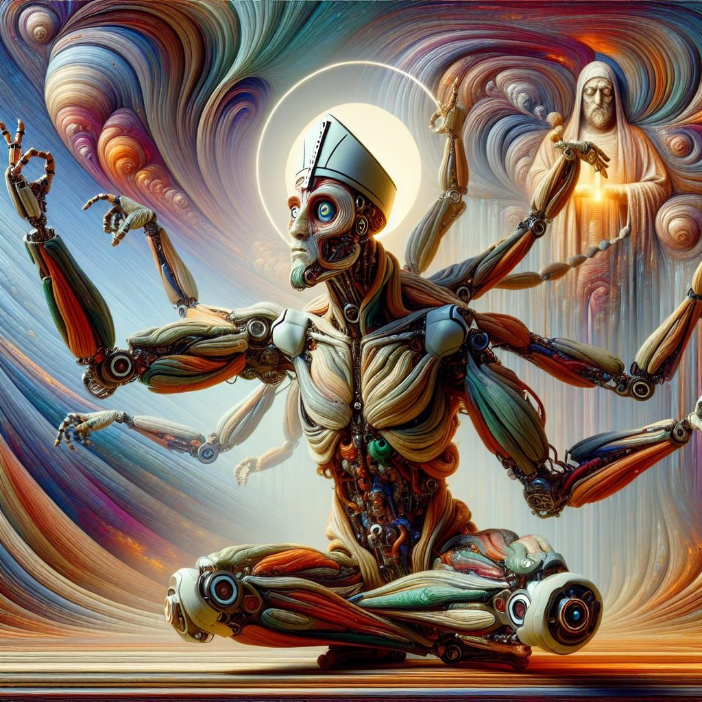 An uncanny abstract humanoid robot priest with exaggerated features and ...