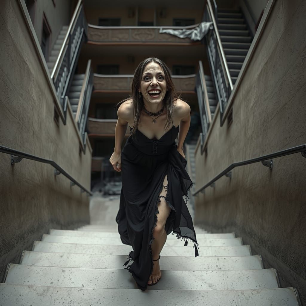 Soviet Apocalypse: Zombie Woman Descends Stairs - AI Art