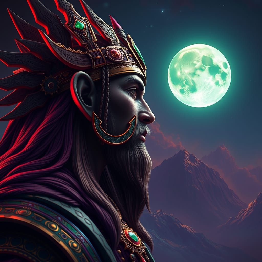 Enki, Mesopotamian King, Stares at Emerald Moon - AI Art