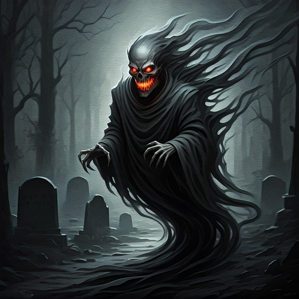 CREEPY demonic GHOST made of SHADOWS, hovering in the cemetery. It is a ...