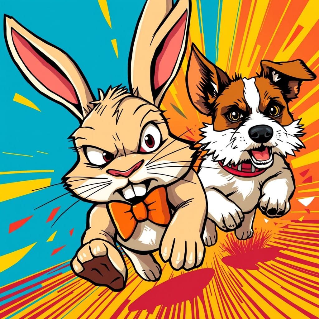 Cartoon distressed Rabbit being chased by a a very fluffy angry jack ...